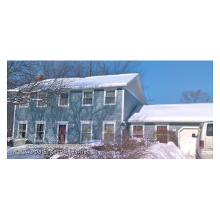Boothbay Blue Siding by James Hardie & Crown Moldings in Cobble Stone ...