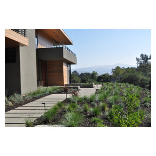 concrete stepping pads, Ipe' deck, water feature, grasses ...