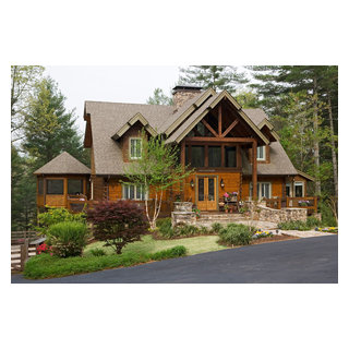 Front of Log and Timber Home with Inviting Front Porch - Rustic ...