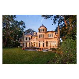 Rear Elevation of Cape Cod Stone and Shingle Style House with Bluestone ...