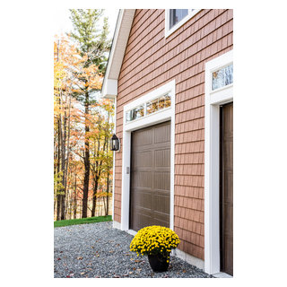 Beautiful Dark Garage doors with transom windows above - Farmhouse ...