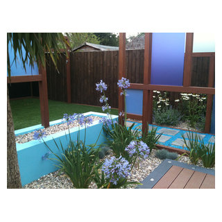 Raised flower beds in blue with perspex in wooden frames - Contemporary ...