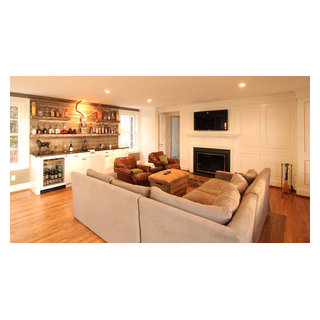 Family Room Bar with Barn Wood Paneled Backsplash and Floating Shelves ...