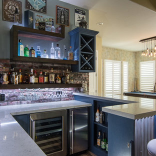 75 Beautiful Home Bar with Blue Cabinets and Brick Backsplash Pictures ...