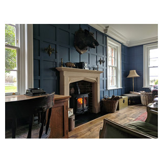 Bespoke limestone fireplace mantel in a traditional library - Classique ...