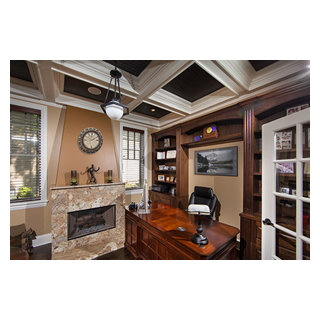 Custom Home Office Library With Fireplace & Coffered Ceiling ...