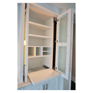Custom pull out printer shelf with pocket doors for easy acces ...