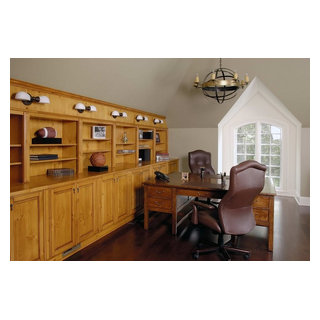 Home Office with Knotty Pine Raised Panel Cabinetry and Clipped ...