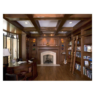 Knotty Alder Library with Built In Bookcases, Fireplace and Beams ...