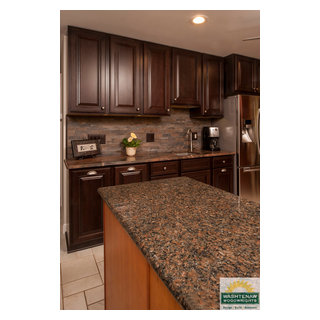 Cherry Cabinets, Copper Dune Quartzite counters, stacked stone ...