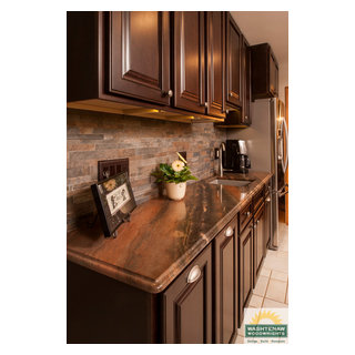 Cherry Cabinets, Copper Dune Quartzite counters, stacked stone ...