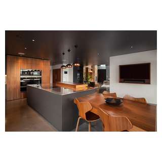 Contemporary kitchen diner: walnut, stainless steel, copper ...