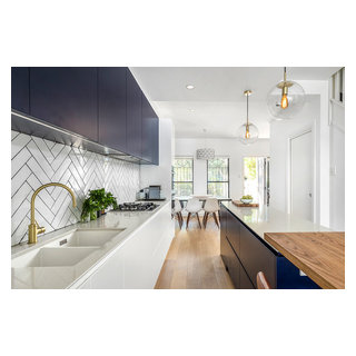 Blue Kitchen Cabinets with Stone White Benchtops - Contemporary ...