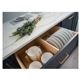 Dark Blue Heritage Paint Kitchen with an Organized Dish Rack Drawer ...