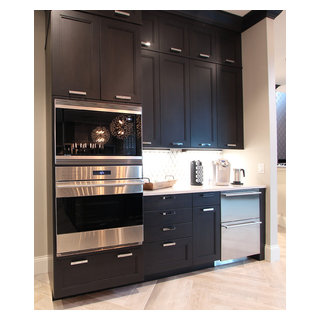 Dark Stained Cabinets in Kitchen with Herringbone Wood Floors ...