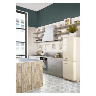 Eclectic kitchen with porcelain tile floors and wall - Eclectic ...