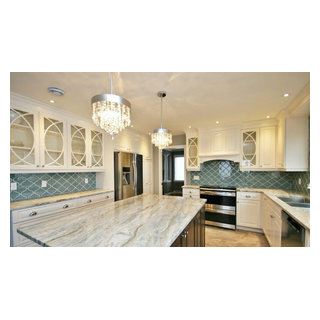 Fantasy Brown Quartzite Countertops with Blue Glass Backsplash - Fusion ...