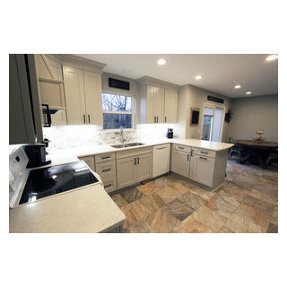 Gray and White Kitchen with Eternia Quartz and Marble Mosaic Backsplash ...
