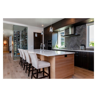 Kitchen, glass modern wine cellar wide hall to living room - Modern ...