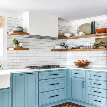 75 Kitchen with Blue Cabinets and Brick Backsplash Ideas You'll Love ...
