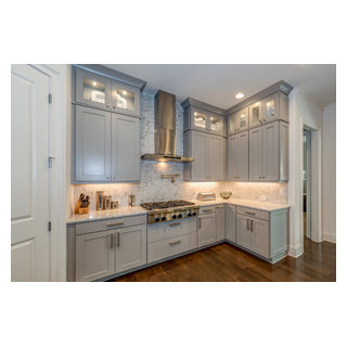 Modern cabinet hardware, quartz slab splash + countertops, pot filler ...