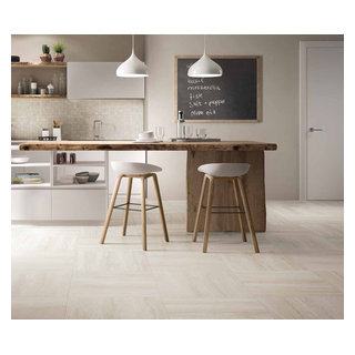 Modern kitchen with light beige marble look porcelain tiles - Modern ...