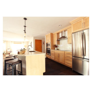 Natural Maple Cabinets in Open Kitchen with Quartz Countertops ...