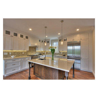 Omega Full Access white kitchen - cherry dark stain island, Cambria ...