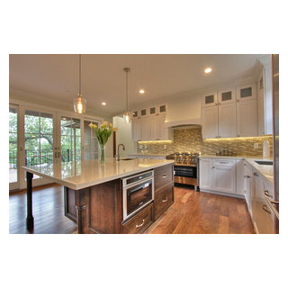 Omega Full Access white kitchen - cherry dark stain island, Cambria ...