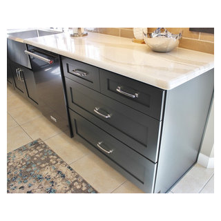 Quad Cities Kitchen With Gray Base Cabinets and Waterfall Counters ...