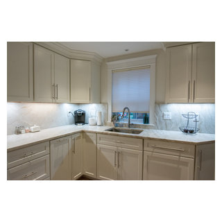 Taj Mahal Quartzite Kitchen w/ Full Height Backsplash - Traditional ...