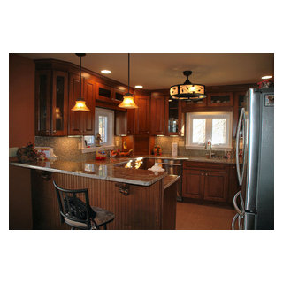 Traditional toffee kitchen remodel with multi-color mosaic tile back ...
