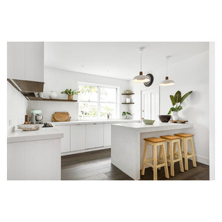 Costal Kitchen with V-groove Cabinets and White Benchtops - Beach Style ...