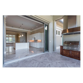 wall paper, valance, French doors, brown wall paper, wall mounted tv ...