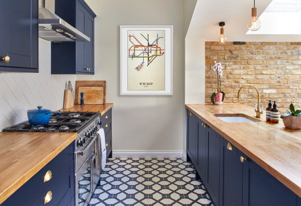 Blue, Wood and Brick Bring Charm to a London Kitchen