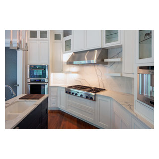 White Beaded Inset Cabinets with Double Navy Island - Contemporary ...