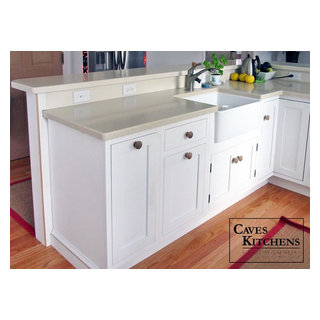 White Eclectic Kitchen with Two Tiered Peninsula - Eclectic - Kitchen ...