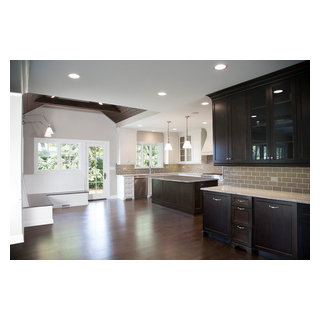 White Kitchen stained Perimeter Tongue and Groove ceiling and Banquette ...