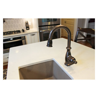 White Kitchen with Espresso Island and Eternia Caringdale Quartz ...
