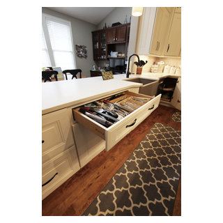 White Kitchen with Espresso Island and Eternia Caringdale Quartz ...
