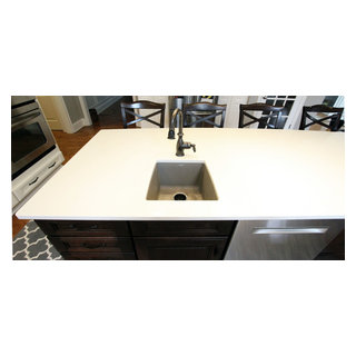 White Kitchen with Espresso Island and Eternia Caringdale Quartz ...