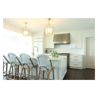 White Kitchen with Stainless and Brass Hood and Brass Hardware ...
