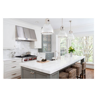 White Transitional Kitchen with Gray Island - Transitional - Kitchen ...