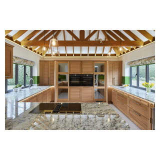 Wooden oak kitchen with green glass splashback - Rustic - Kitchen ...