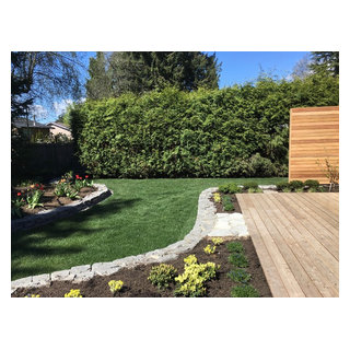 AFTER - Deck view detail with low stacked stone planter bed border ...