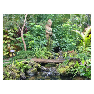Bali statue with fountain, stream and pond water feature - Asian ...