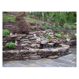 Double Waterfall Pond with Dry Stack Stone Wall - Contemporary - Garden ...
