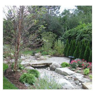 Dry Stream Bed with Seating Area and Bird Bath - Rustic - Landscape ...