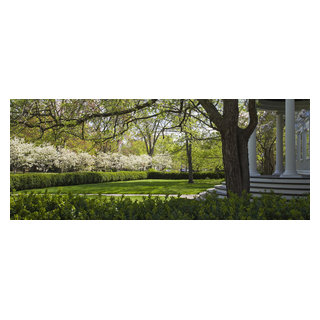 Front entry and formal lawn beneath Hawthorn Tree - Traditional ...