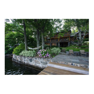 Lake view of landscape plantings and stone - Craftsman - Landscape ...